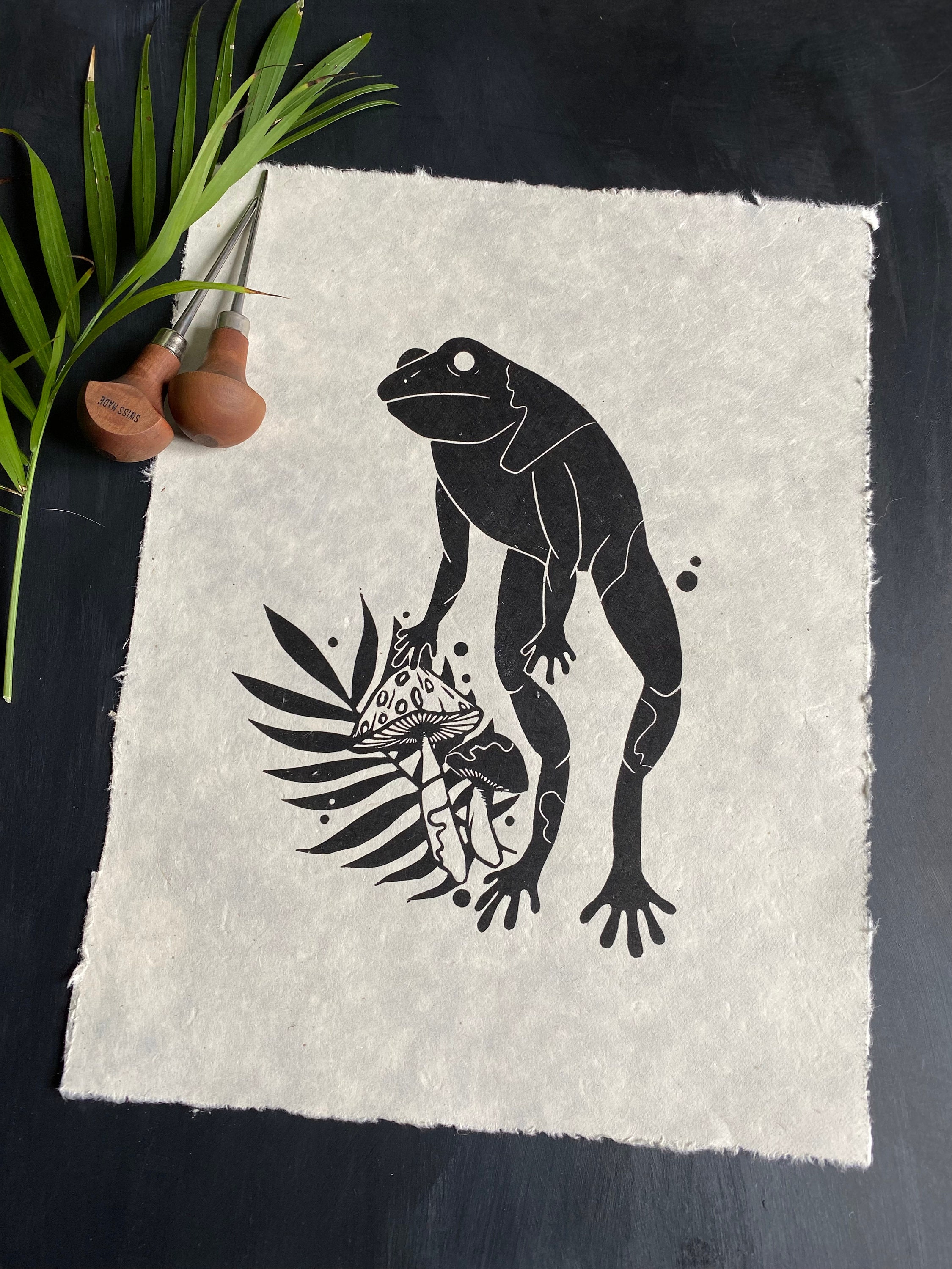Frog Art Print || Frog and Mushroom Linocut, Animal Block Print, Black ...