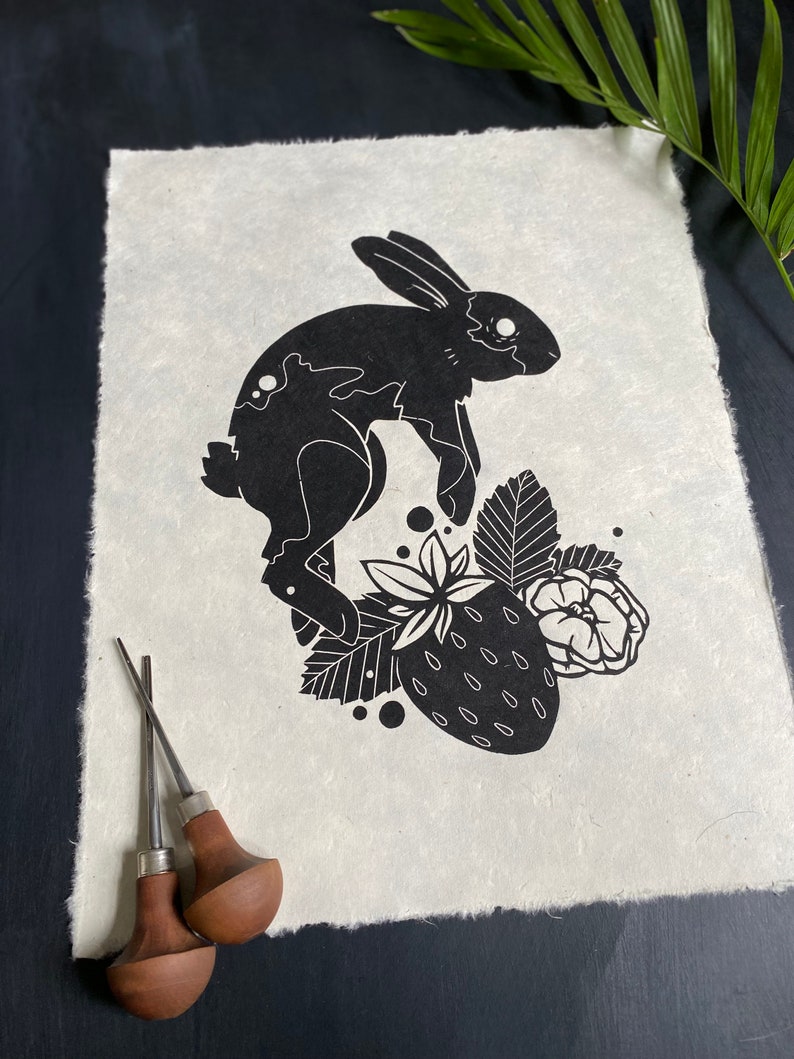 Rabbit Art Print Animal Linocut Print Bunny Block Print - Etsy