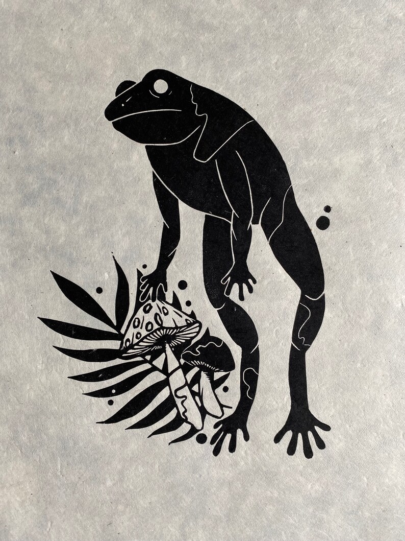 Frog Art Print || Frog and Mushroom Linocut, Animal Block Print, Black ...