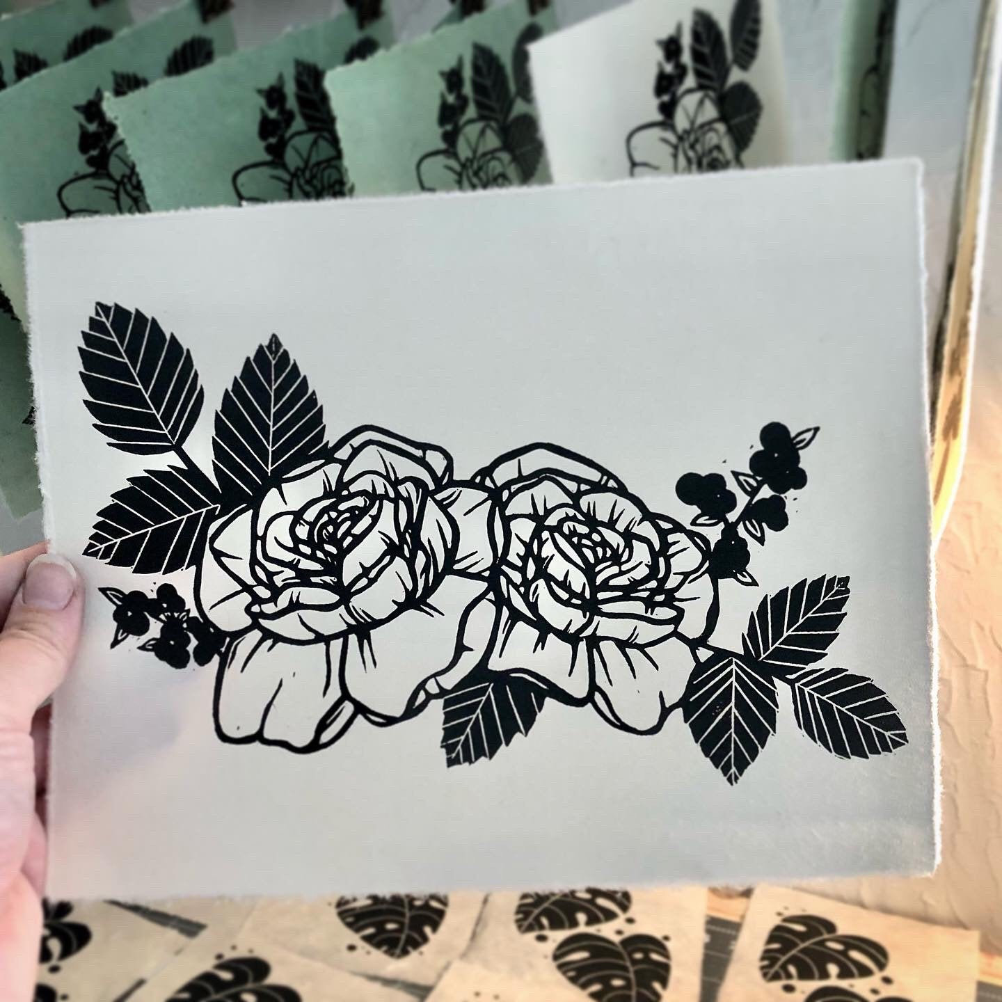 Floral Art Print // Rose Linocut Print, Blockprint Wall Art, Floral ...