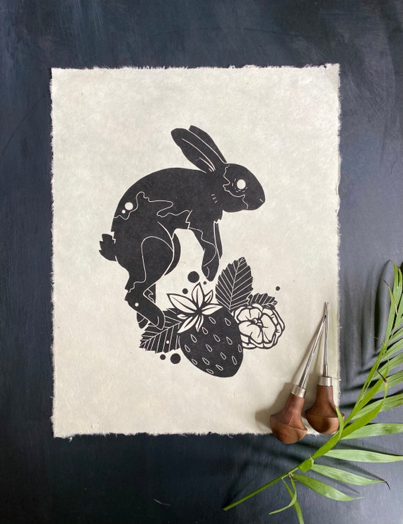 Rabbit Art Print Animal Linocut Print Bunny Block Print - Etsy