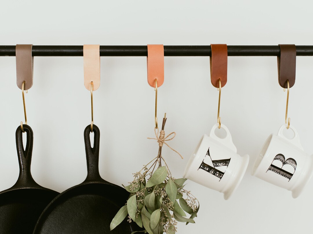 Leather Loop S Hooks, Full Grain Italian Leather, Solid Brass Rounded ...