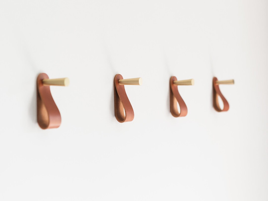 Minimal Brass Wall Mount Hooks With Leather Loops, Mounting Hardware ...