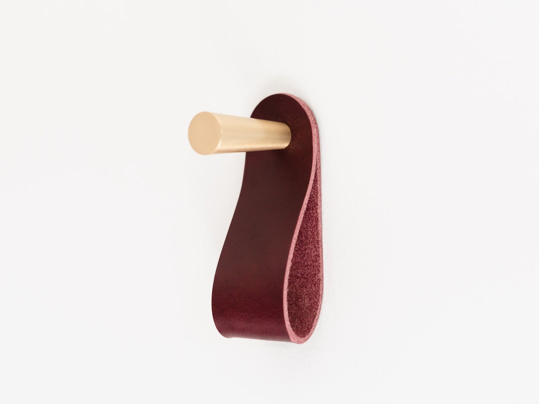 Minimal Brass Wall Mount Hooks With Cabernet Leather Loops, Mounting ...