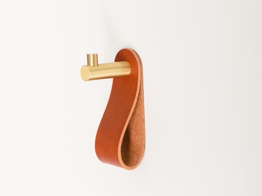 Brass Wall Mount Hooks With Leather Loops, Mounting Hardware Included ...