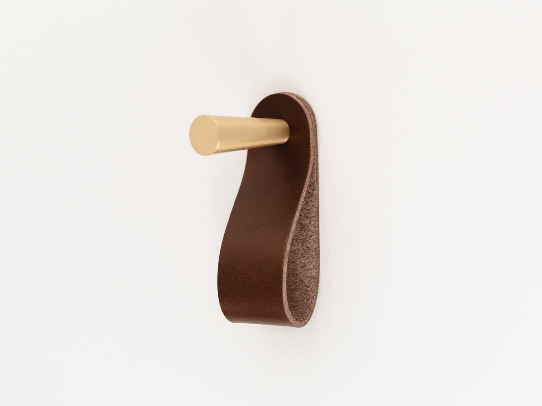 Minimal Brass Wall Mount Hooks With Rich Brown Leather Loops, Mounting ...