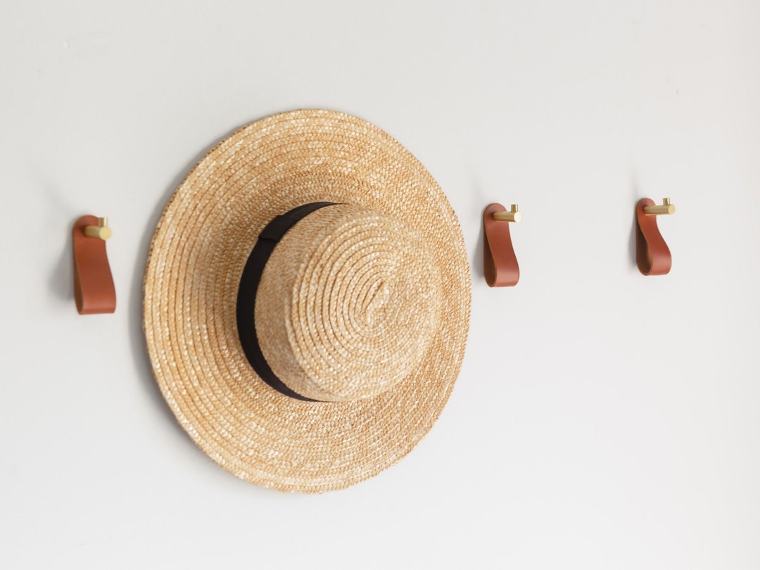 Brass Wall Mount Hooks With Leather Loops, Mounting Hardware Included ...