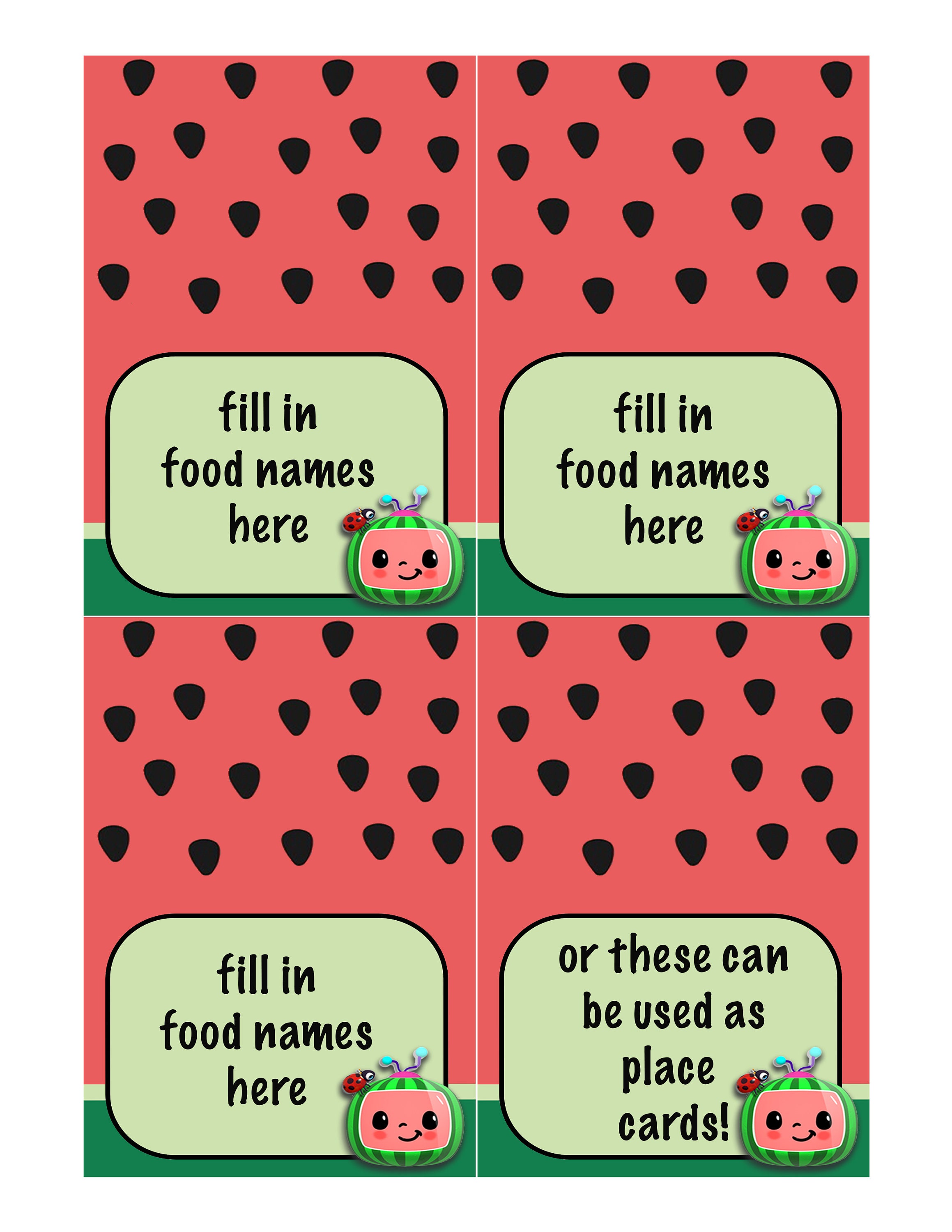 COCOMELON Printable Food Labels Foldable Tent Buffet Food | Etsy