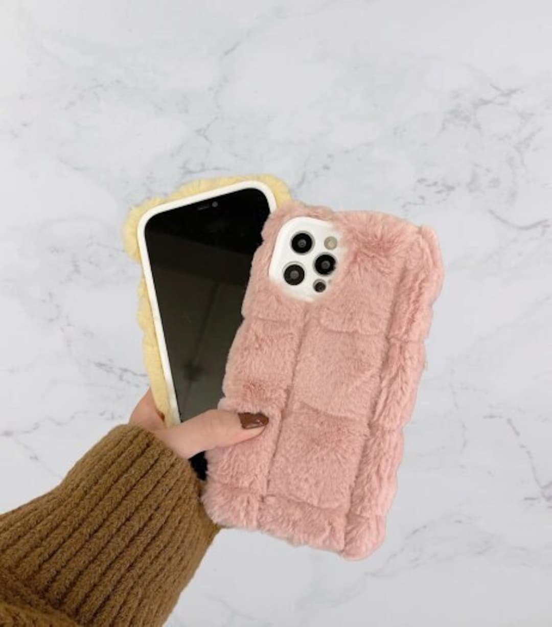Kawaii Cute Fuzzy Plush Fluffy Soft Lattice Embroidery iPhone 15 Case iPhone 14 13 12 11 Pro Max ...