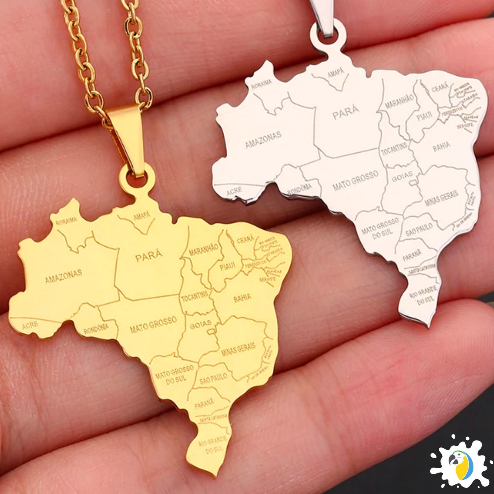 Brazil Map Necklace Brazilian States Silver or Gold-plated Stainless ...