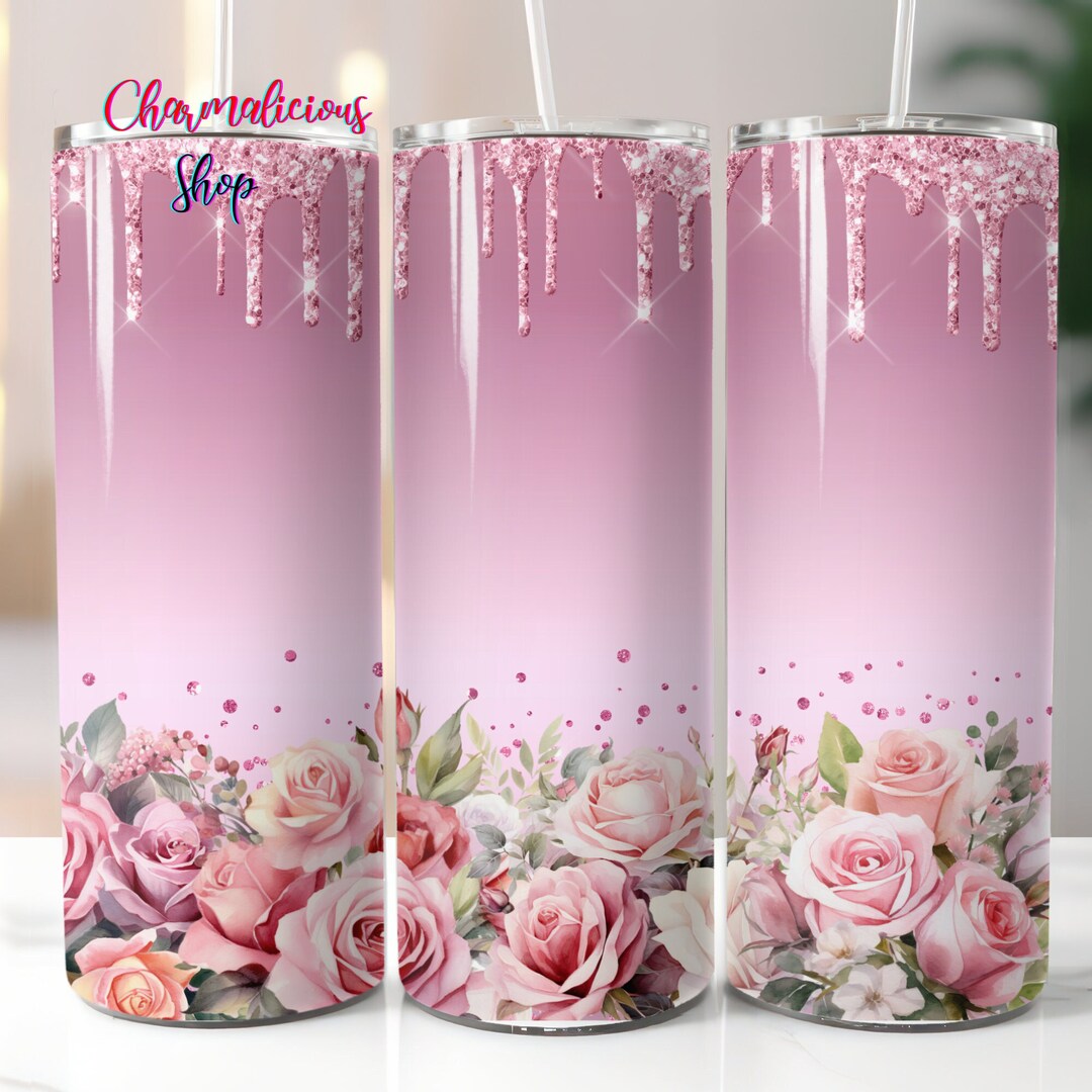 Pink Roses Glitter Tumbler, Sublimation, Sublimation, Ready to Press ...