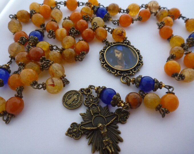 Rosary of Our Lady of Sorrows 5 Decades 8mm Fire Agate, 8mm Blue Glass ...