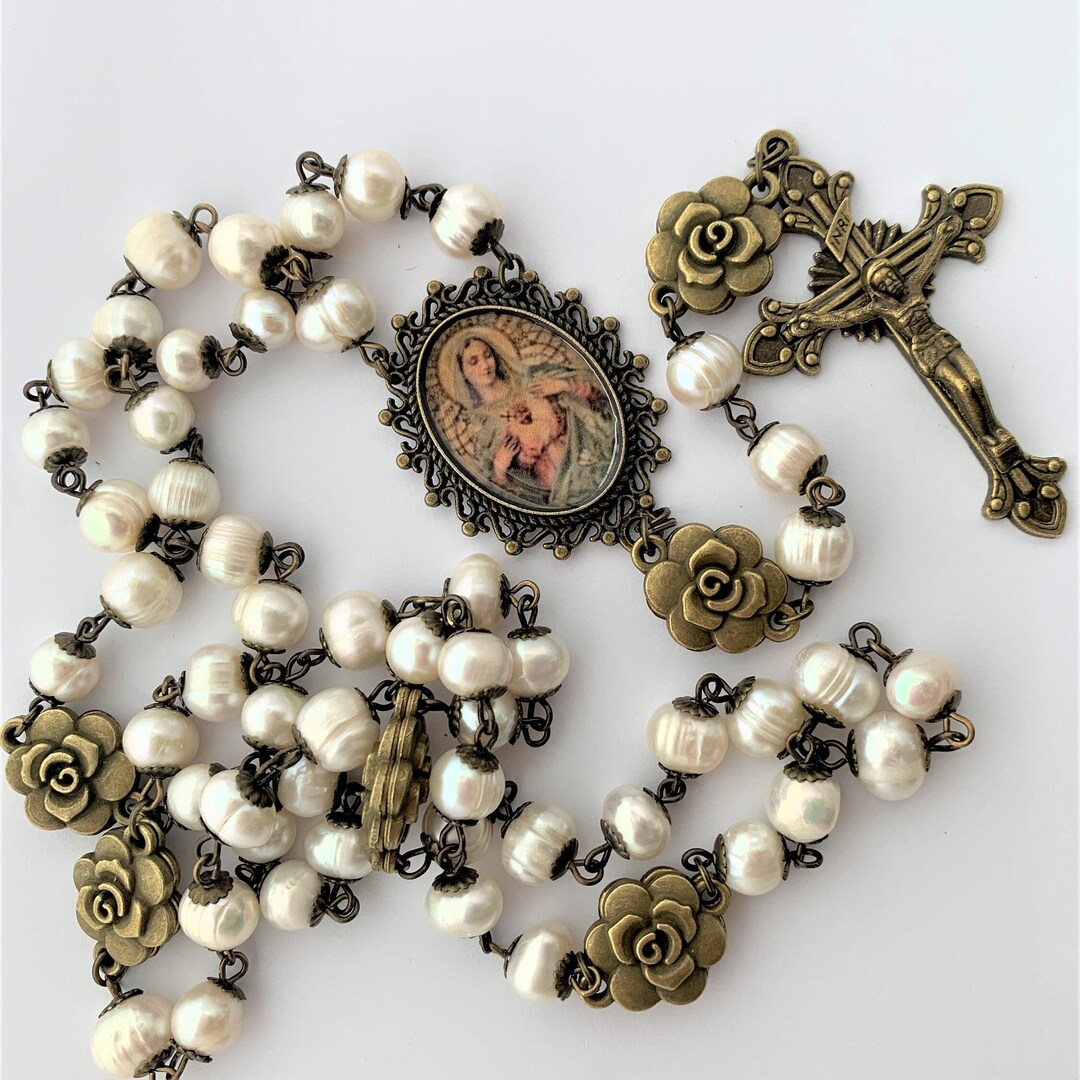 Rosary Immaculate Heart of Mary 8x9mm Pearls, Petal Caps, Rose Shaped ...
