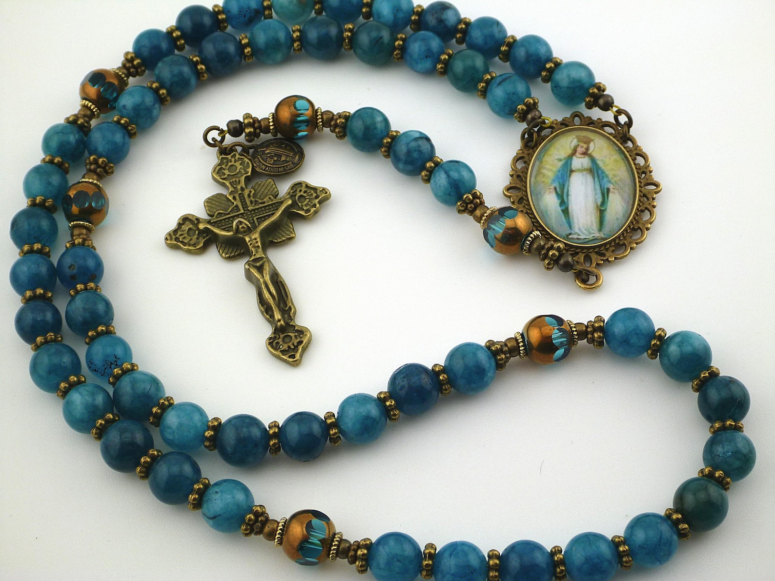 Our Lady of Grace Rosary. 8mm Jade, Daisy Spacers, 8mm Table Cut Czech ...