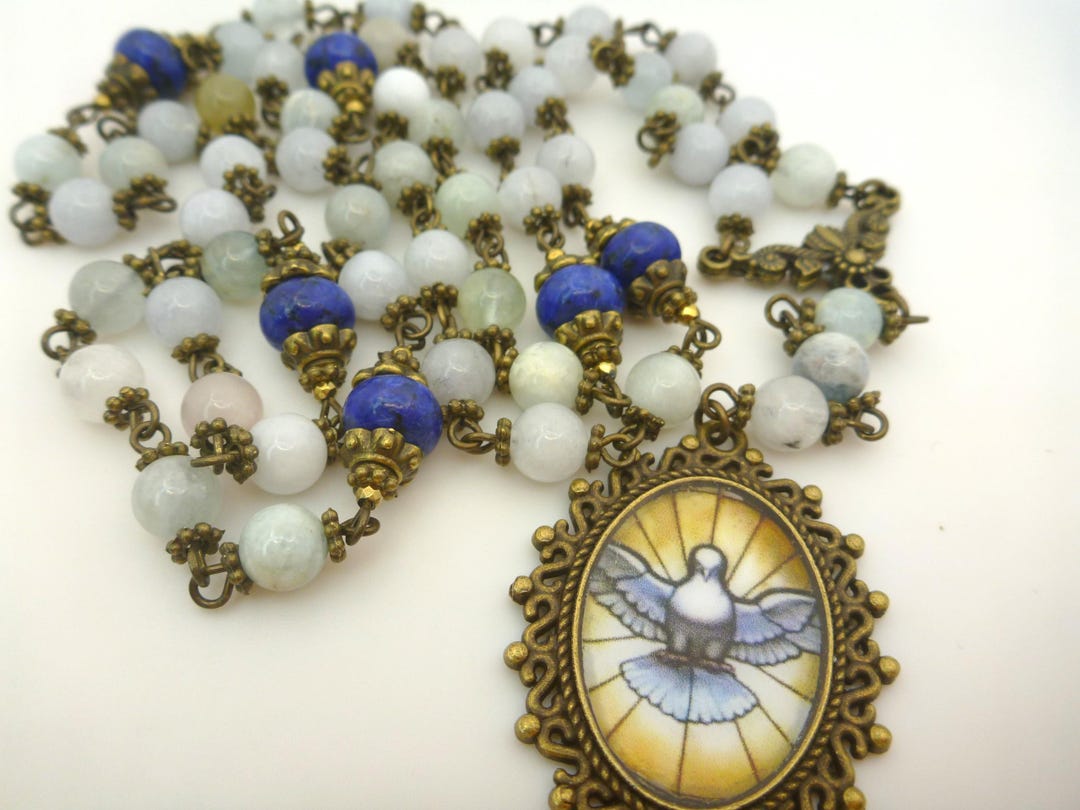 Holy Spirit Chaplet, Aquamarine and Lapis Beads, Filigree Medallion - Etsy