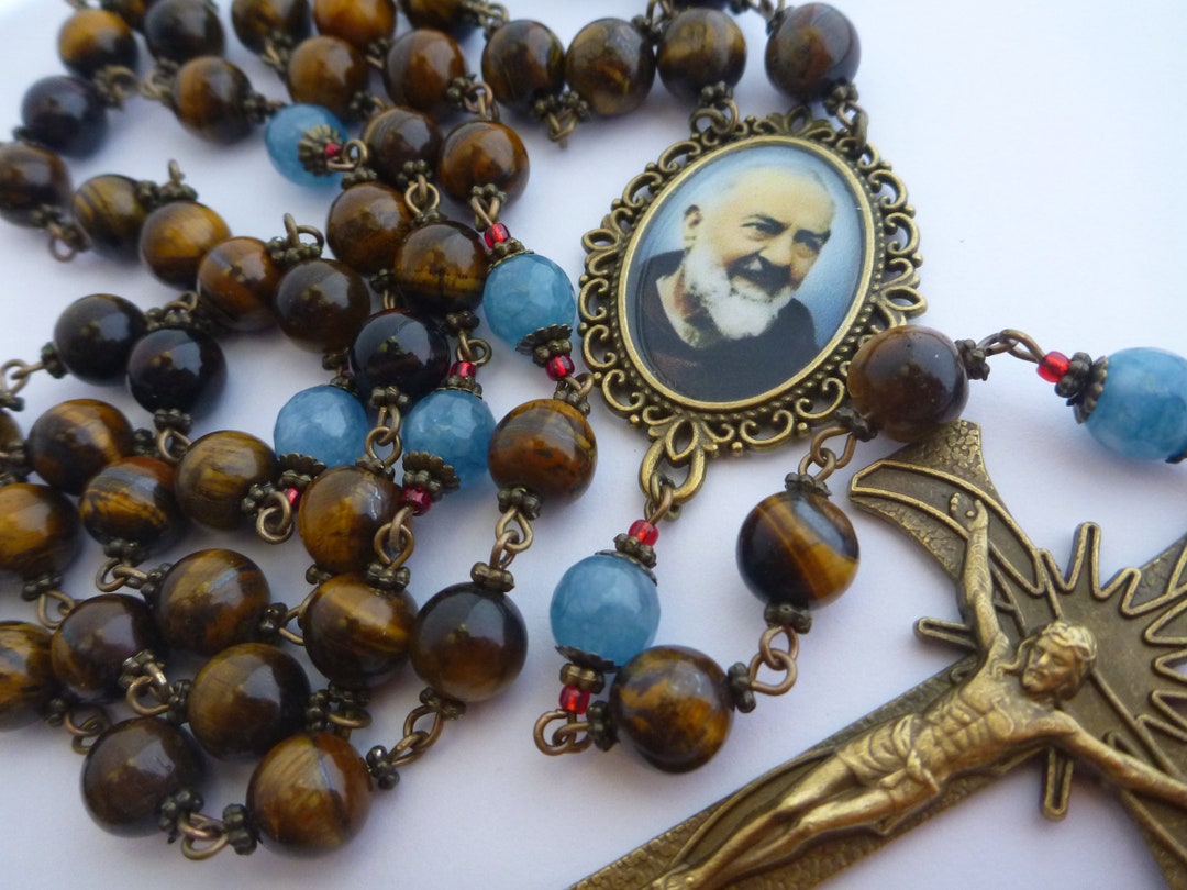 Rosary St. Padre Pio of Pietrelcina, 8mm Tiger Eye, Blue Jade, Caps ...