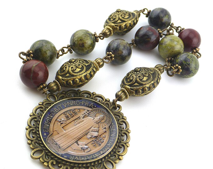Chaplet of Saint Benedict, 10mm Natural Jasper, Spacers, 12mm Decorated ...