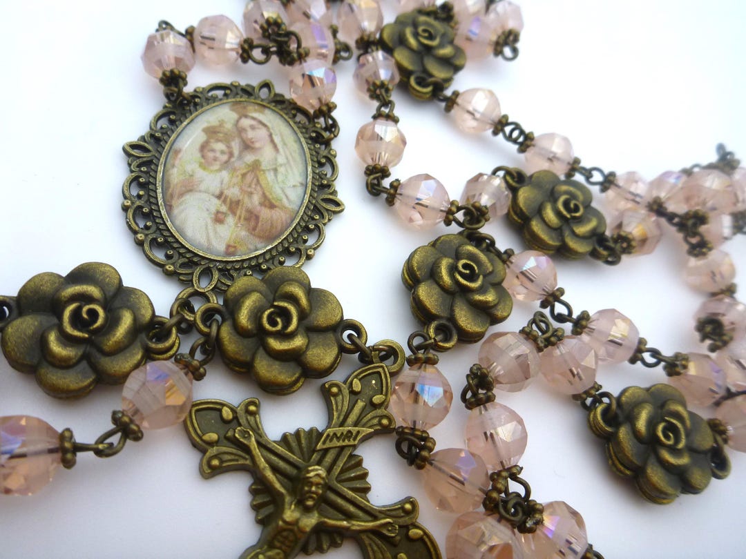 Rosary Our Lady of Mount Carmel, 6x8mm Cut Glass, Flower Spacers, Daisy ...
