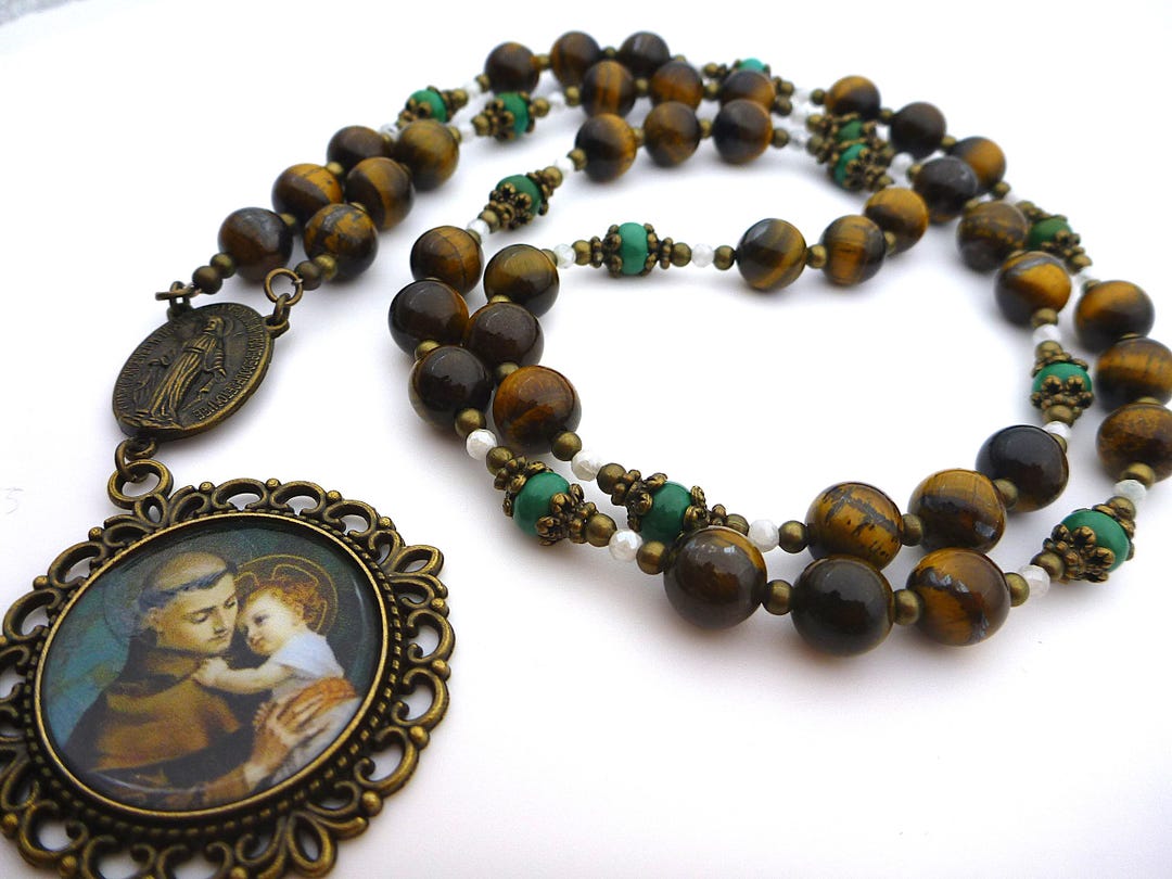 Chaplet Saint Anthony, 8mm Tiger Eye, 4x6mm Natural Turquoise, 3mm ...