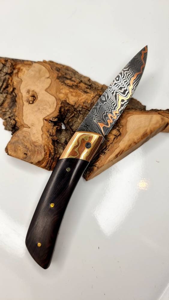 Folding Copper Damascus Knife, Mokume-gane Damascus Copper - Etsy