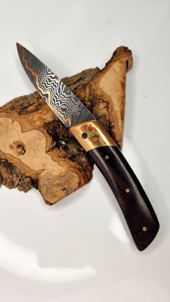 Folding Copper Damascus Knife, Mokume-gane Damascus Copper - Etsy