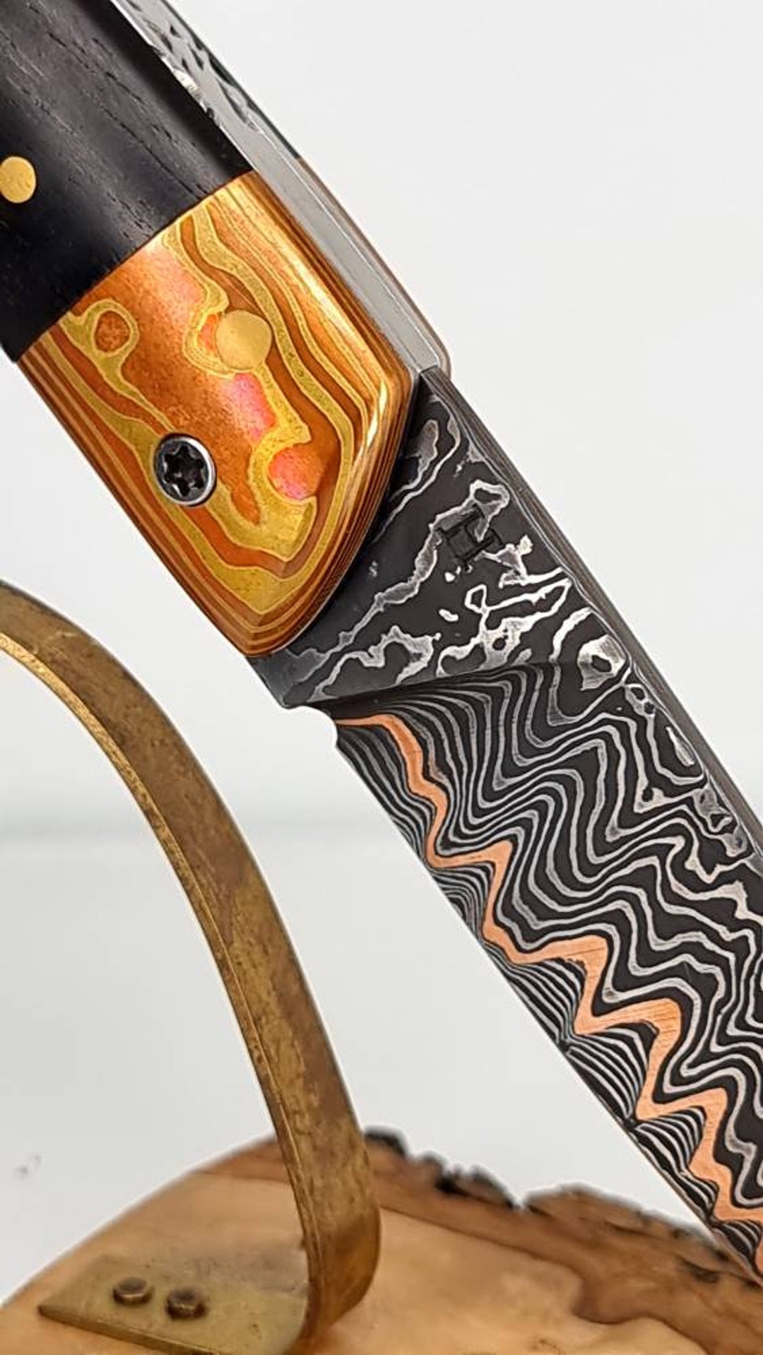 Copper Damascus Knife, Copper Damascus Folding Knife Mokume Gane - Etsy