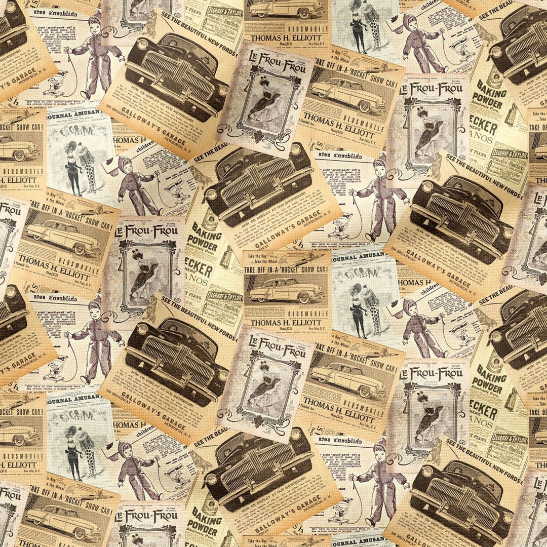 Old Newspaper Pattern Upholstery Fabric by the Meter, Vintage Look Home ...