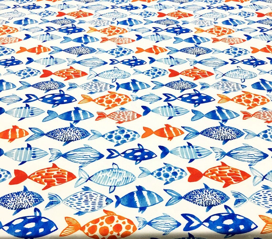 Blue & Orange Fish Pattern Upholstery Fabric by the Meter Sea - Etsy