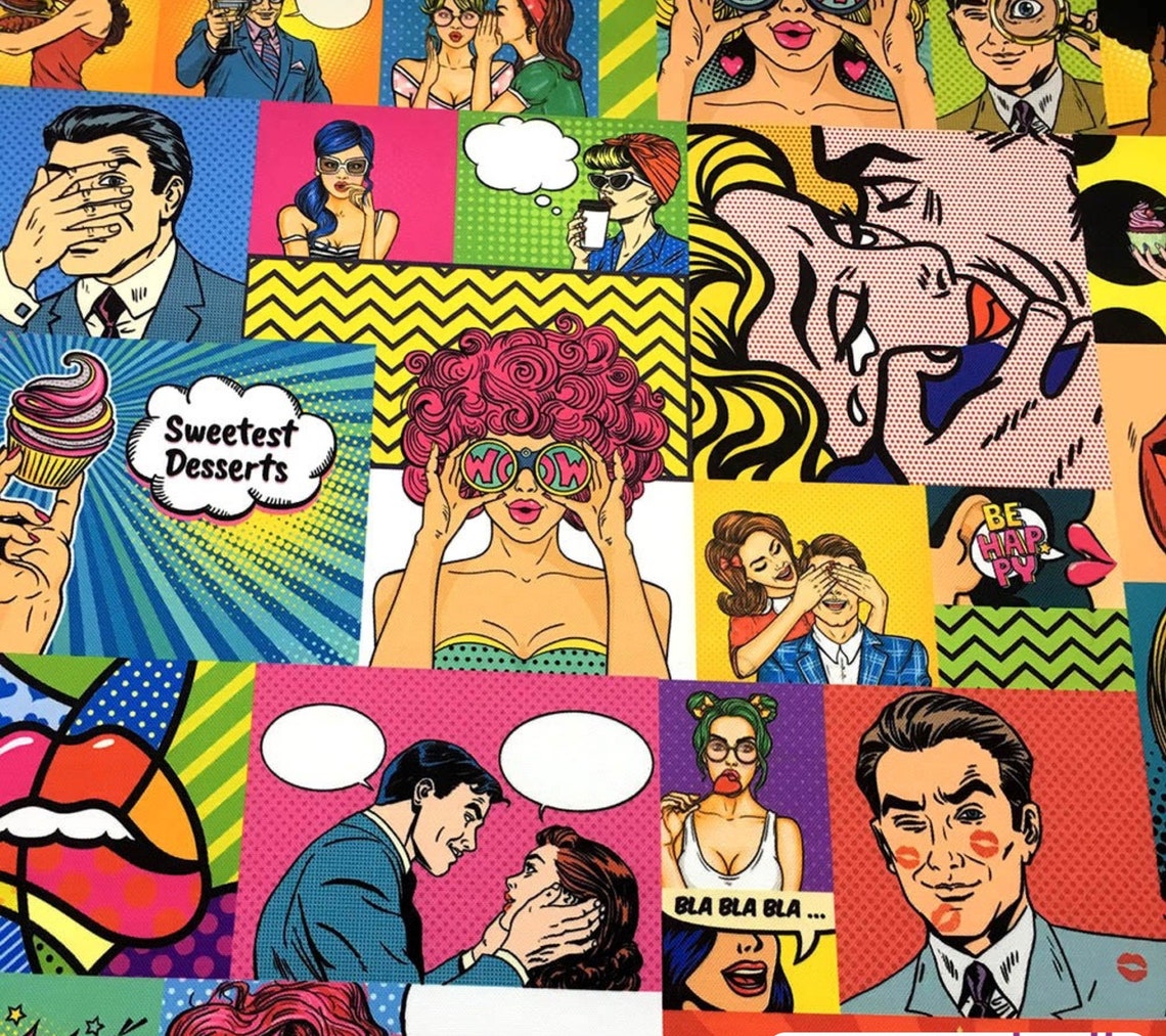 POP ART Love Pattern Upholstery Fabric by the Meter, Comic Art Home ...