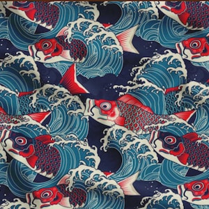 Blue & Red Fish Pattern Upholstery Fabric by the Meter, Sea Home Decor ...