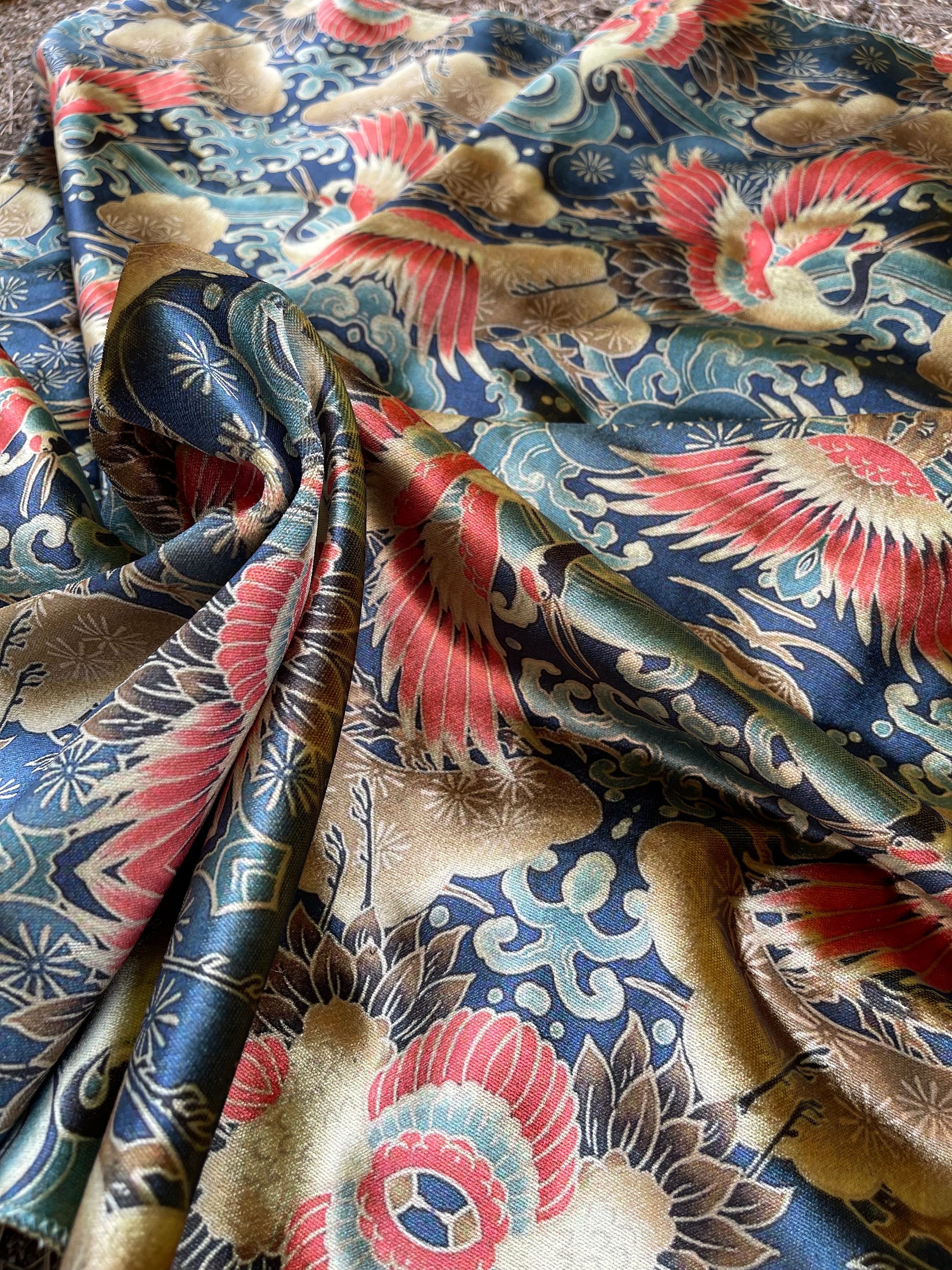 Japanese Birds Pattern Upholstery Velvet Print Fabric by the - Etsy
