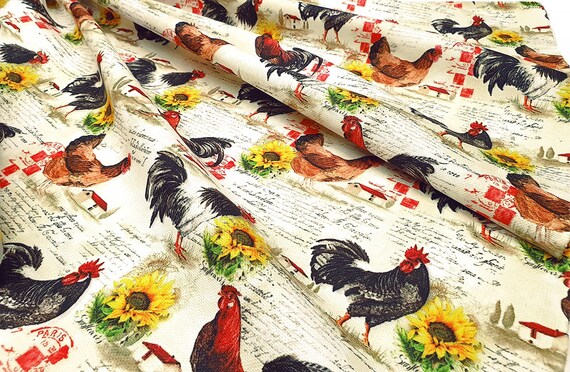 Rooster & Sunflowers Pattern Upholstery Fabric by the Meter | Etsy