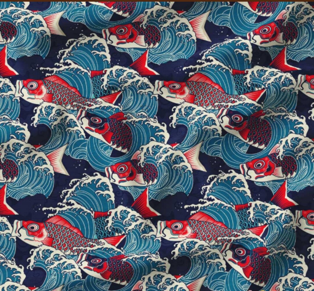 Blue & Red Fish Pattern Upholstery Fabric by the Meter, Sea Home Decor ...