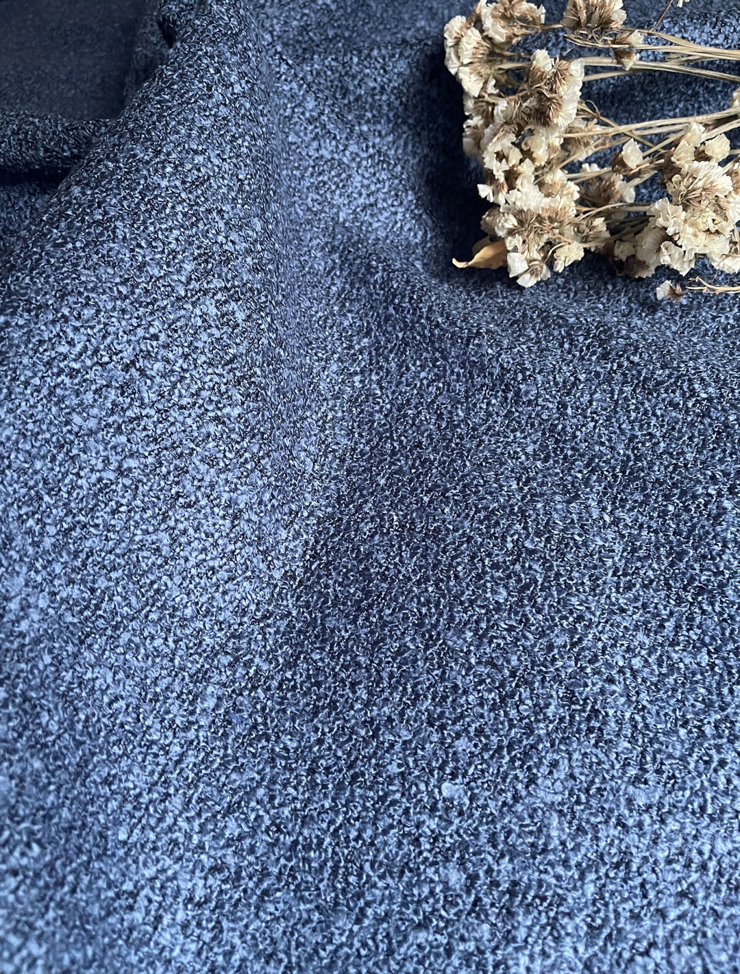 Indigo Blue Boucle Upholstery Fabric by the Yard, Puffy Textured Boucle ...