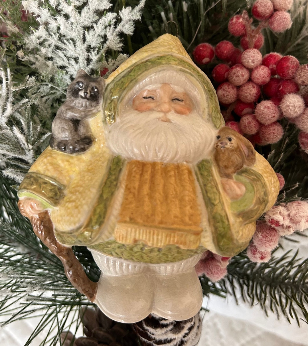 Plump Porcelain Santa in Cream and Green, Hand Painted, Ornament for ...