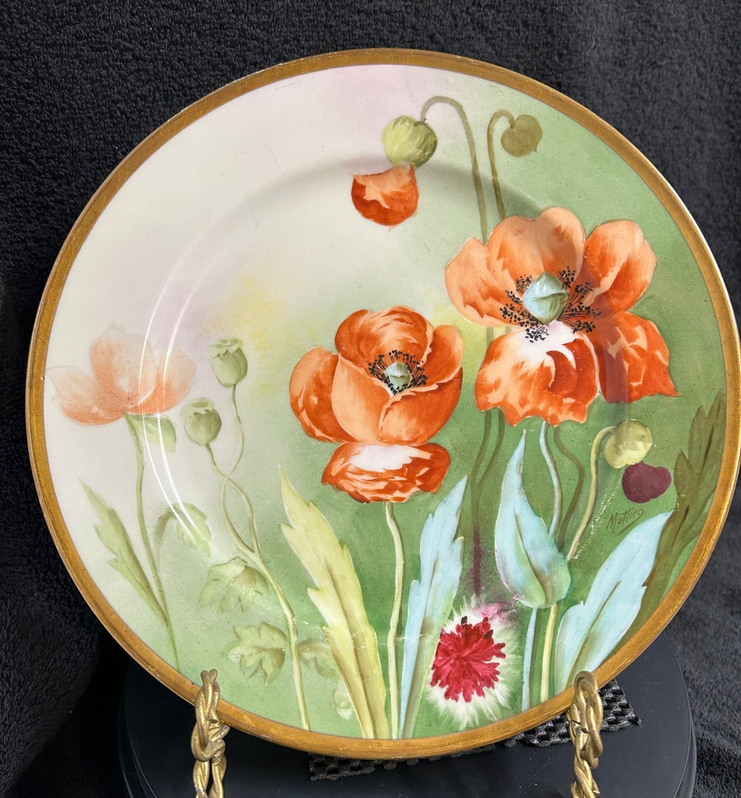 Antique Limoges Plate With Red Poppies and Gold, Hand-painted and ...