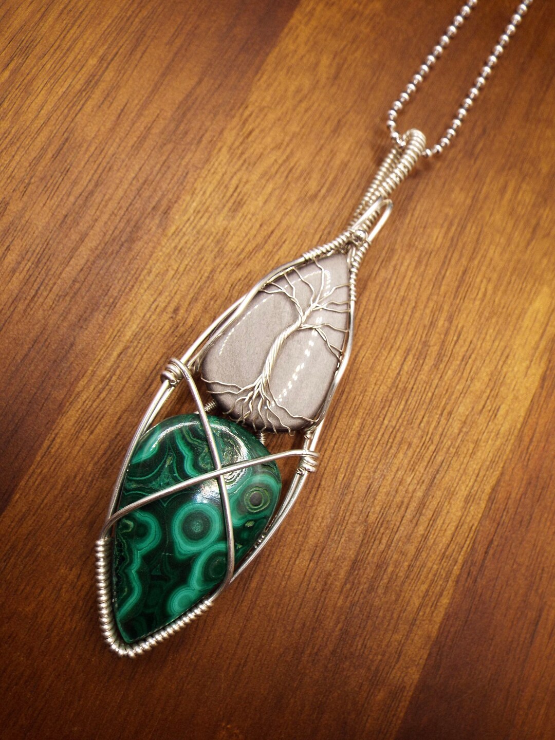 Malachite and Silver Sheen Obsidian Tree of Life Duo Pendant Necklace ...