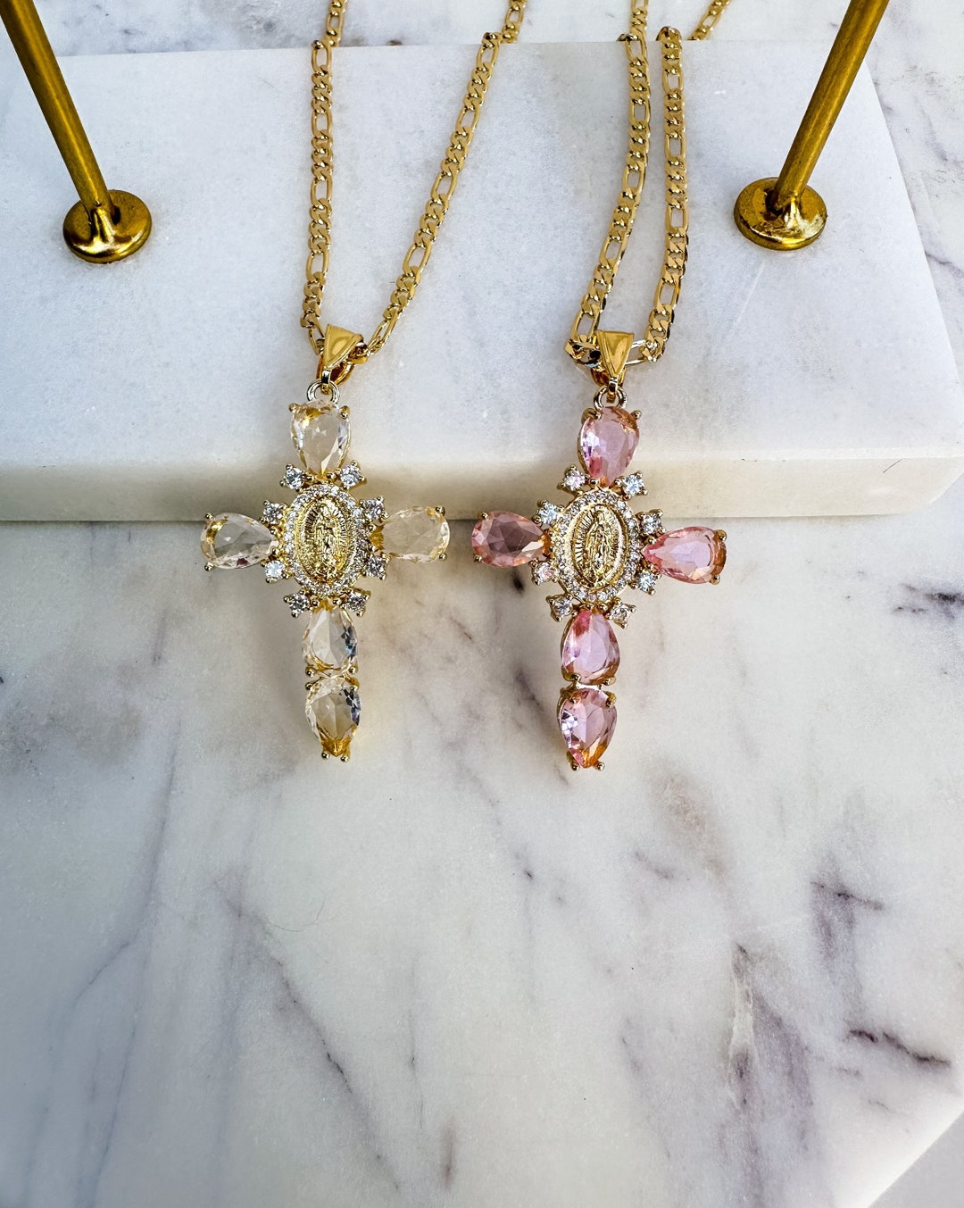 Virgen De Guadalupe Diamond Cross Necklace, Pink Diamonds - Etsy