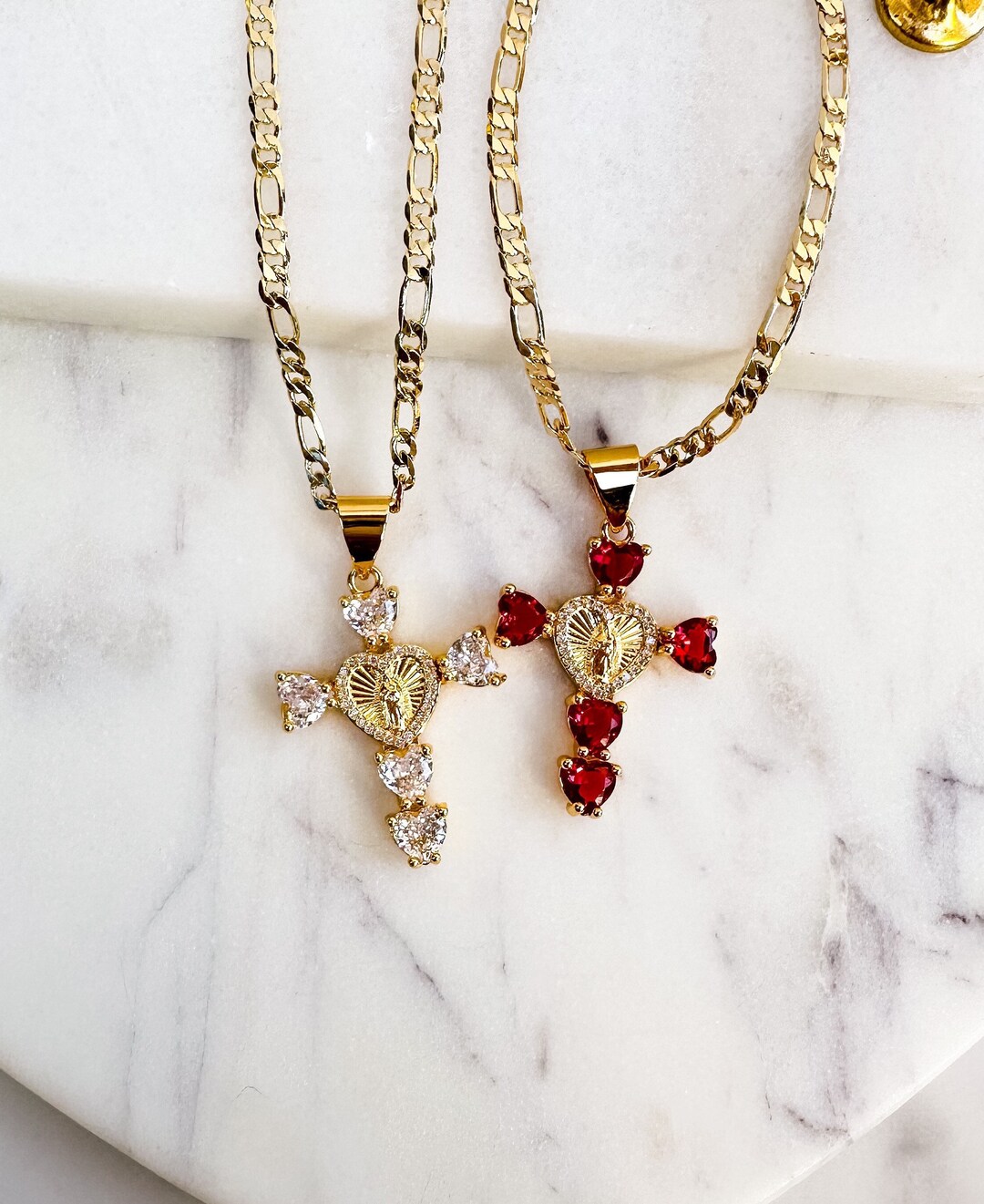 Virgen De Guadalupe Diamond Cross Heart Necklace, Pink Heart Diamonds ...