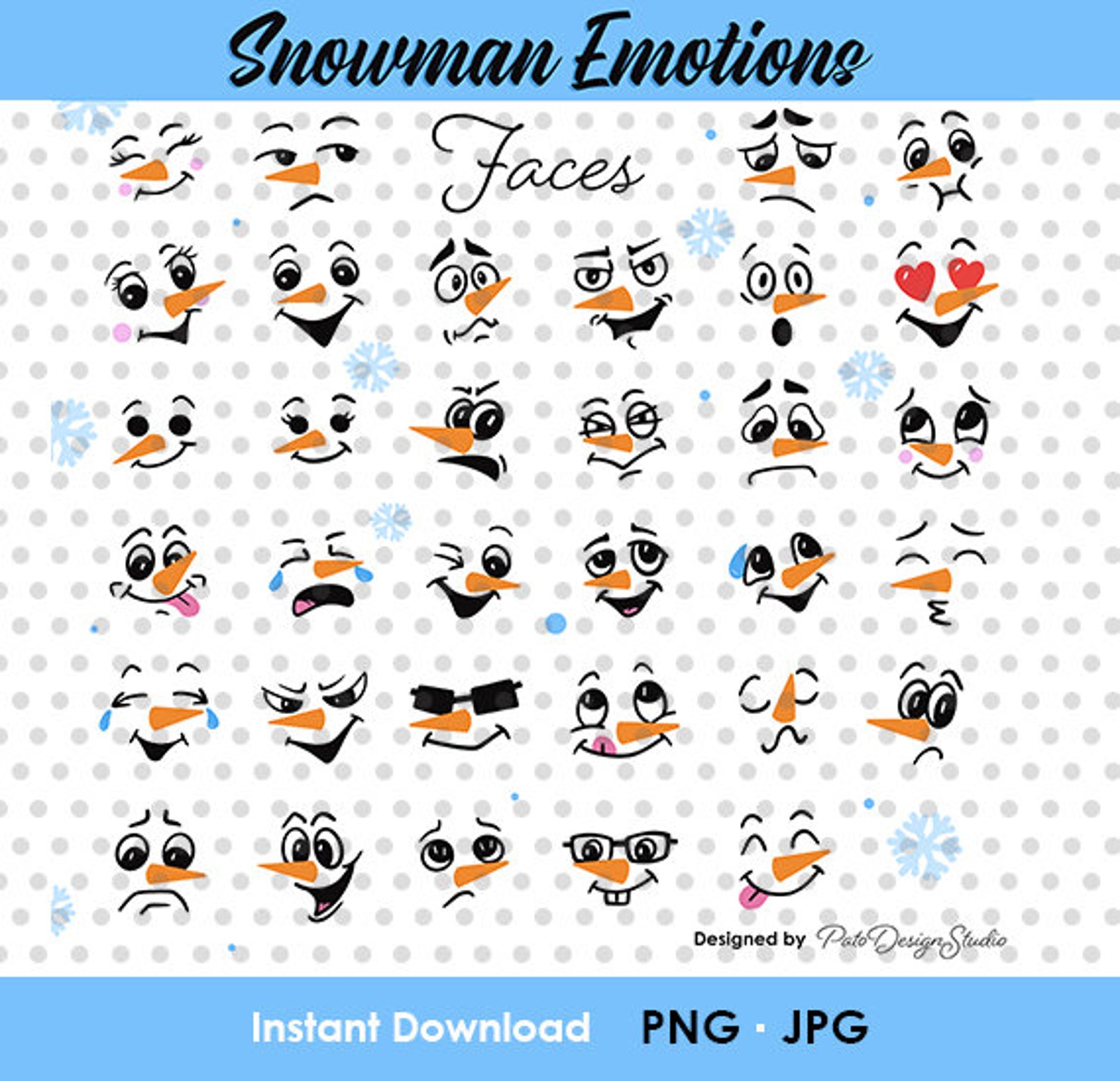 33 Snowman Emotions Faces Bundle PNG and JPG Snowman PNG | Etsy