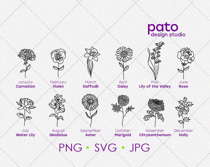 Birth Flower Vector Clipart Set / Stamp Silhouette Graphic / Rose, Lily ...