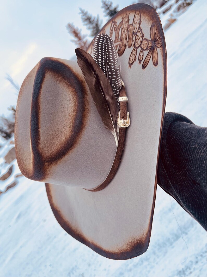 Hand Burned Cowboy Hat Custom Burned Cowboy Hat Cattleman Crown Cowboy Hat Wool Felt Cowboy Hat ...