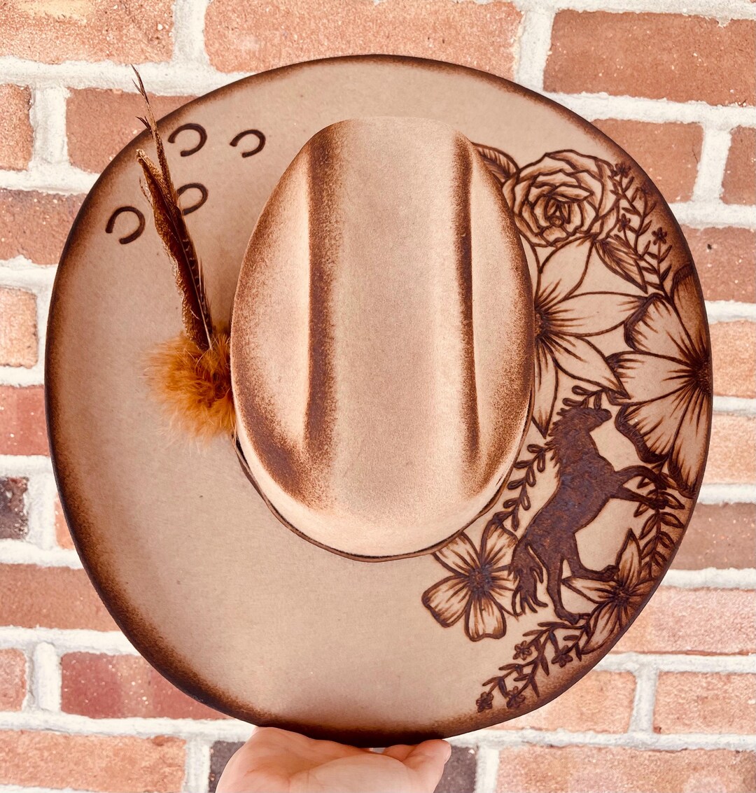 Hand Burned Cowboy Hat | Custom Burned Cowboy Hat | Cattleman Crown Cowboy Hat | Wool Felt ...