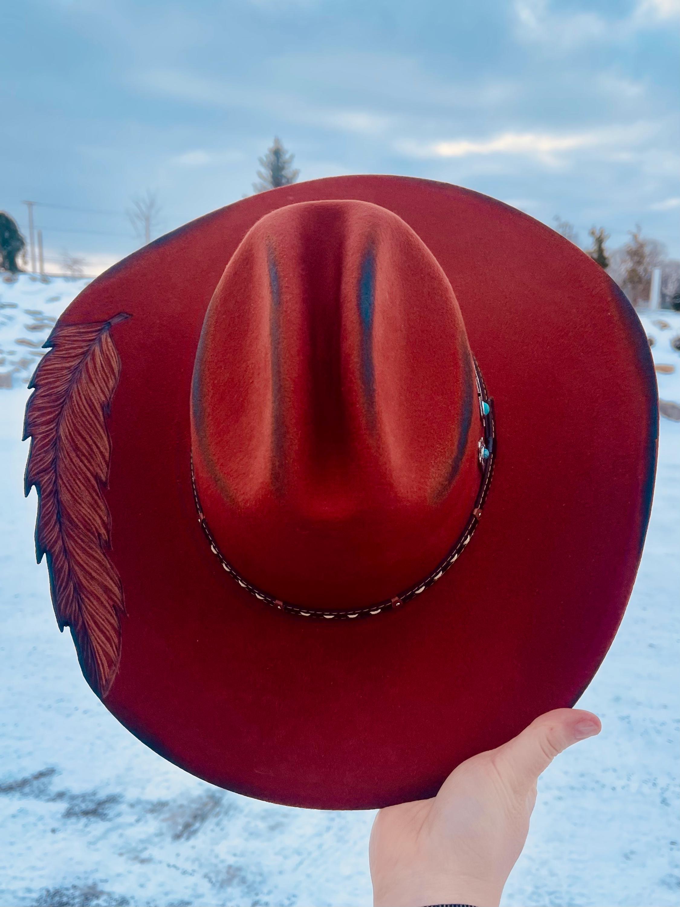 Hand Burned Cowboy Hat | Custom Burned Cowboy Hat | Cattleman Crown Cowboy Hat | Wool Felt ...