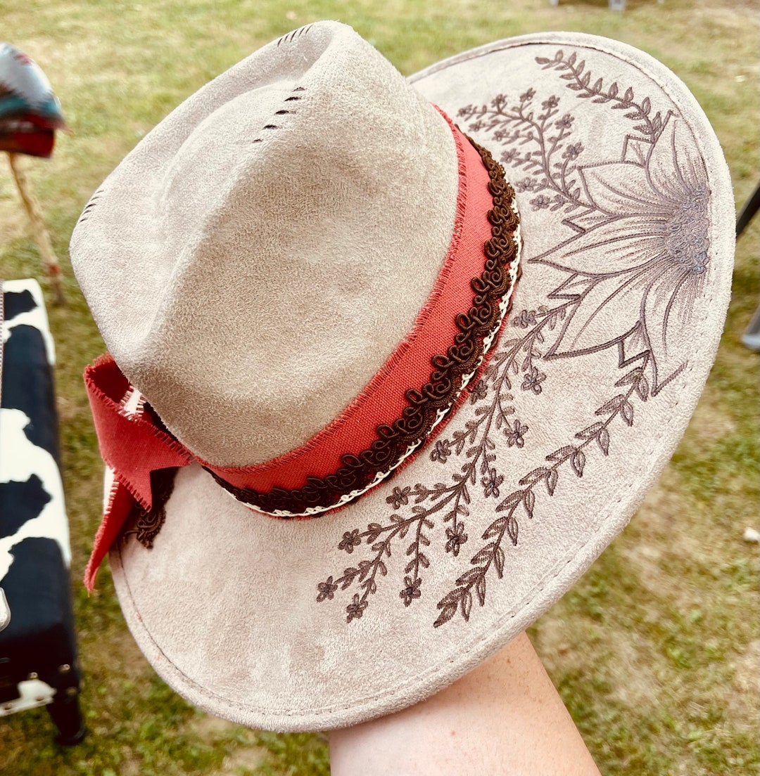 Custom Hand Burned Hat Hand Burned Wide Brim Hat Custom Branded Hat Cactus Burned Hat Western ...