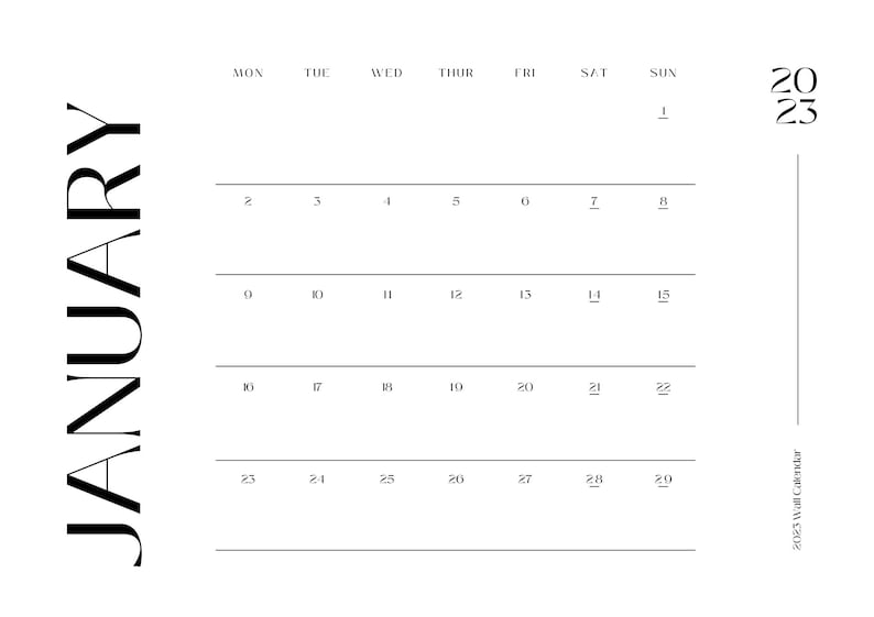 Black and White Minimalistic 2023 Monthly Wall Calendar - Etsy