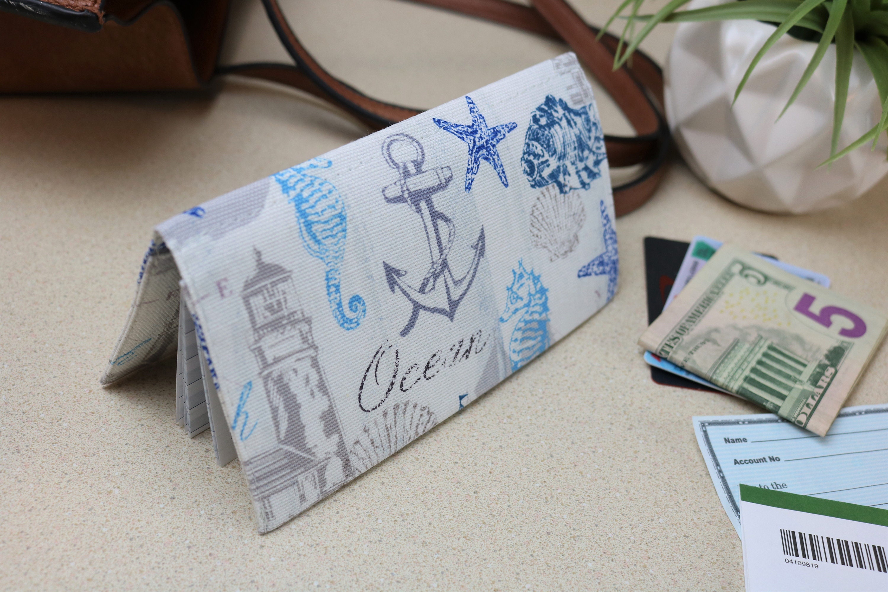 Blue Beach Fabric Checkbook Cover, Beach Lover Wallet, Minimalist ...