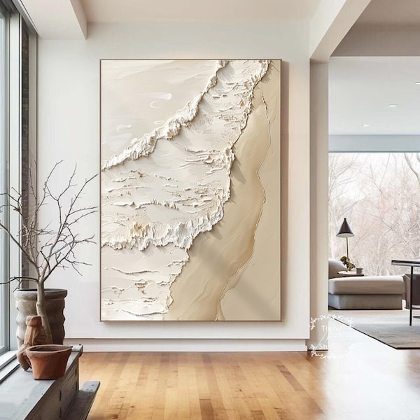3D White Minimalist Textured Wall Art Beach Painting Ocean Wave Painting on Canvas Wabi-sabi ...