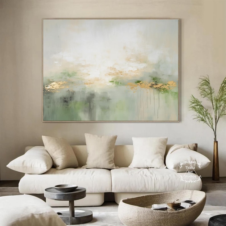 Light Green Abstract Painting Large Green and Gold Acrylic Abstract ...