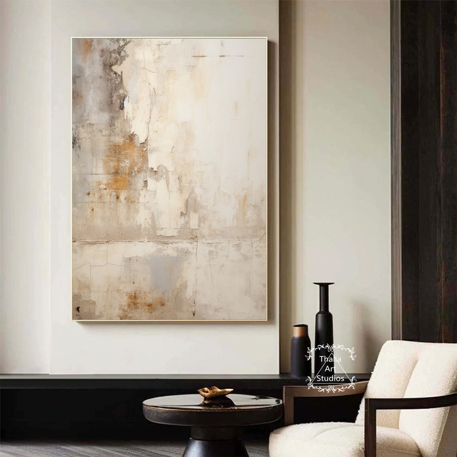 Large Beige Abstract Canvas Painting Beige Wabi-sabi Style Decorative ...